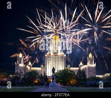 Fireworks over the Lomonosov Moscow State University on Sparrow Hills ...