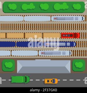 Train rails top view, railway track straight, curve and round path ...