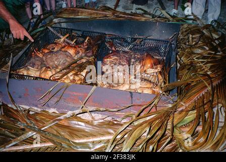 Cook Islanders on Rarotonga prepare an Umukai or Polynesian banquet of ...