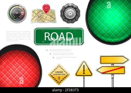 Realistic road and transportation composition with speedometer ...