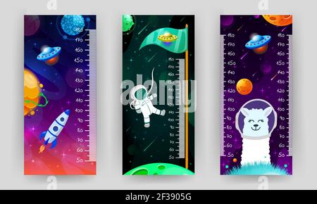 Kids height chart, cartoon astronaut and space planets growth meter ...