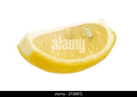 Yellow lemon slice cut along the middle of the quarter isolated on ...
