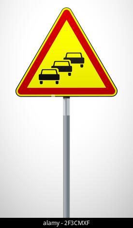 triangular yellow car accident sign. head-on collision of vehicles on ...