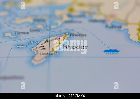 Rhodes shown on a Road map or a geography map Stock Photo - Alamy