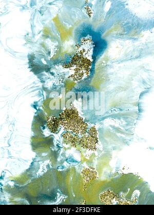 Acrylic Fluid Art. Gold glitter placer on blue background. Abstract ...