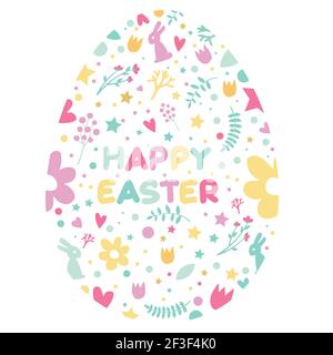 Happy Easter greeting card with decorative objects, eggs and bunnies ...