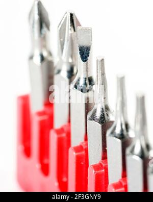 Screwdriver bits made from tool steel in a black leather case isolated ...