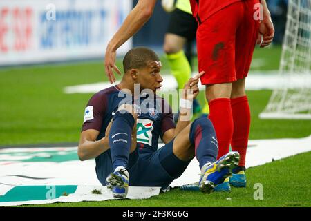 PSG's Kylian Mbappe gestures during the French League One soccer match ...