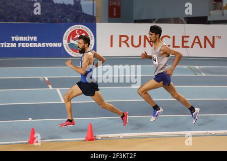 ISTANBUL, TURKEY - JANUARY 30, 2021: Undefined athlete triple jumping ...