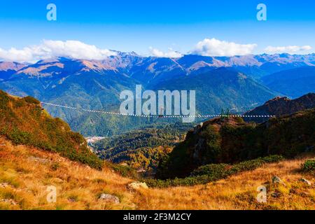 Suspension bridge at Rose Peak mountain station in Sochi resort city in ...
