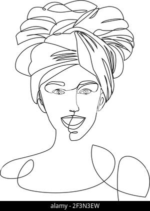 continuous line drawing of short hair woman leader hand on chin pose ...