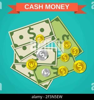 Green dollars pack with gold coins. 3D render bunch of money in ...