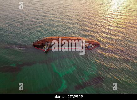 Old rusty oil tanker ship abandoned in a port in Istanbul. Ready to be ...