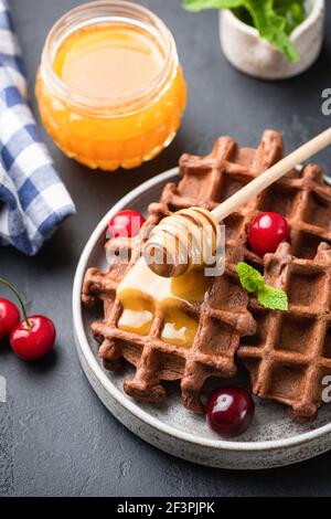 Fruit dessert with chocolate and cream topping in the bowl, Christmas ...