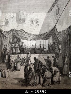 Miracle of Jesus. Turning water into wine. Marriage at Cana. Relief ...