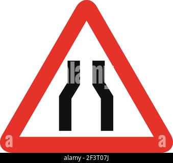 Narrow road ahead traffic sign vector. Red triangle signboard Stock ...