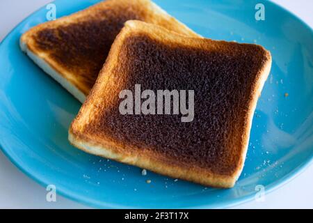 Burnt toast bread on plate, on wooden table background Stock Photo - Alamy