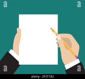 Cartoon of businessman holding pencil at questionnaire checklist with ...
