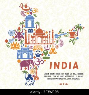 Traditional symbols in the form of a map of India on blue Stock Vector ...