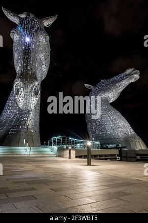 Night view of the Kelpies large horse head statue sculptures monument ...