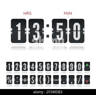 Flip number and symbol scoreboard with reflections on transparent background. Analog black ...