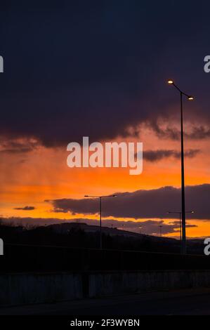 Orange sunset over the bridge silhouette. Ocean hrizon sunny landscape ...