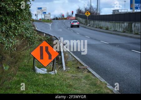 Temporary road sign indication road narrowing from right, Dublin ...