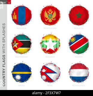 Flag collection, round grunge flag with splashes. 9 vector flags ...