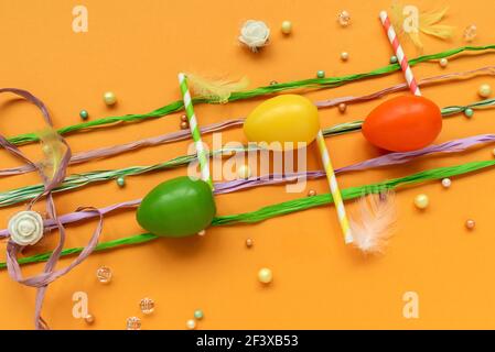 Musical notes make from Easter eggs on yellow background. Easter ...
