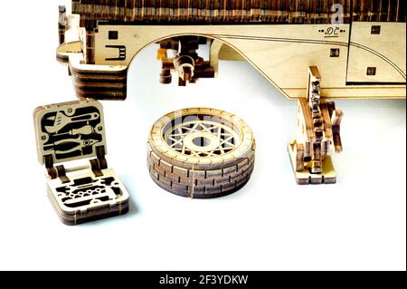 Wooden model car depicting breakdown scenes Stock Photo - Alamy