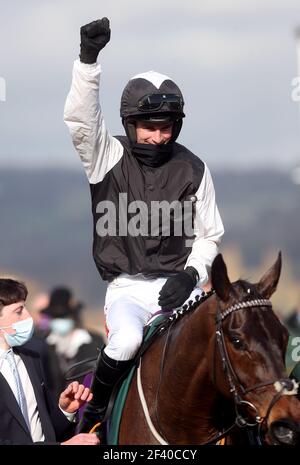 Jockey Danny Mullins celebrates a winning on Solness in the Ladbrokes ...