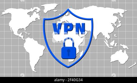 VPN blue logo in shield with padlock on world map over mosaic ...