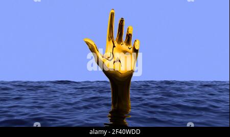 Surreal vaporwave concept with golden hand gesturing from underwater ...