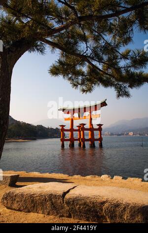 View of the iconic "floating" torii gate of Itsukushima Shrine at high ...