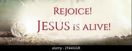 Stone is rolled away from empty grave on Easter morning. Jesus Christ ...