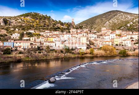 Old village of Roquebrun over Orb river in Occitanie, France Stock ...