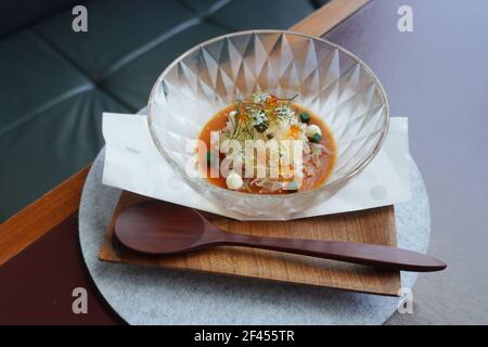 Organic highlands heirloom tomato, bavarois, crab meat, compressed ...