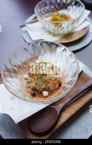 Organic highlands heirloom tomato, bavarois, crab meat, compressed ...