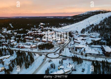 Aerial drone view of the Levi town, sunny summer evening with a rainbow ...