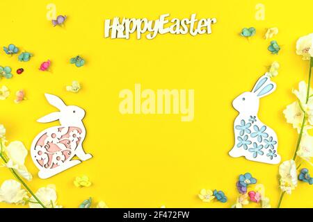 Top view template with Easter bunny ears and colorfull eggs Stock Photo ...