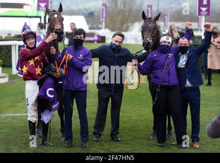 Jockey Jack Kennedy (centre) and trainer Gordon Elliott after victory ...