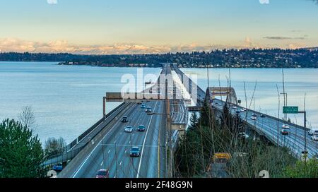 Seattle floating bridges with mountains behind in the evening Stock ...