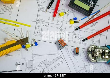 Flat lay composition with electrician's tools and accessories Stock ...
