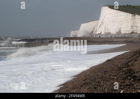 Beach promenade and chalk cliffs, Saltdean, East Sussex, England ...