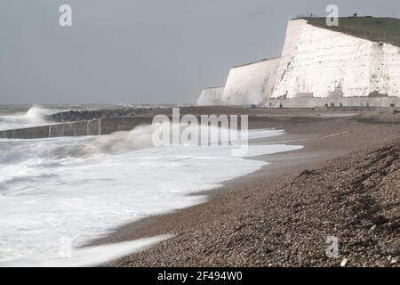 Beach promenade and chalk cliffs, Saltdean, East Sussex, England ...