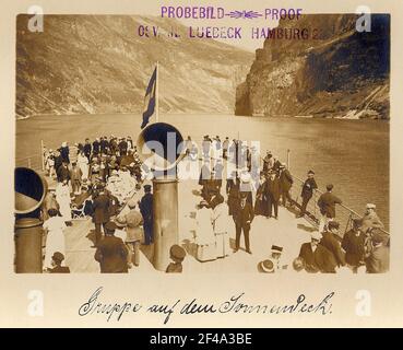 Merok / Norway: Tourist group on the sundeck of Victoria Luise when ...