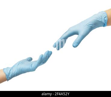 Two hands gloves meet in hand shake Stock Photo - Alamy
