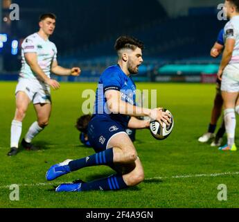 Harry Byrne of Leinster scores a try during the BKT United Rugby ...