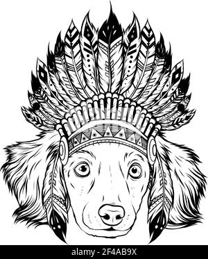 black silhouette of head dog with traditional Indian hat, vector ...