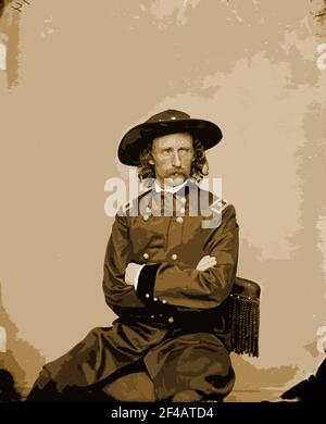 Major General George Armstrong Custer. Hand-colored woodcut of a ...
